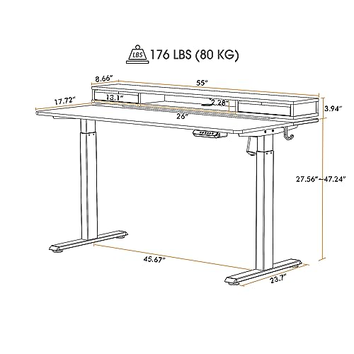 FEZIBO 55 × 26 Inch Electric Standing Desk with Monitor Stand, Height Adjustable Table with LED Strips, Ergonomic Home Office Furniture with 2 Drawers Storage Gaming Workstation, Black Walnut Top