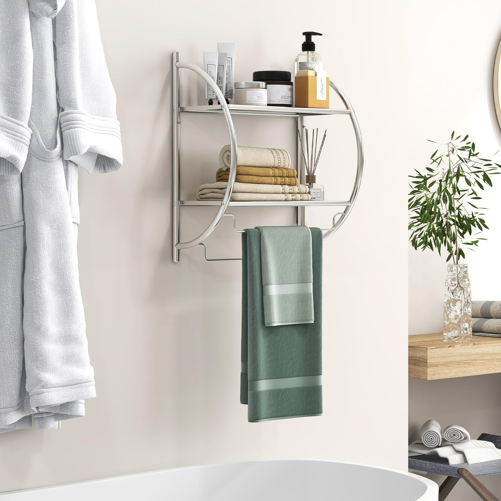 GOFLAME Wall Mounted Bathroom Shelf, 2-Tier Chrome Towel Rack with Leaky Design Shelves, Towel Bars, Chrome Bathroom Shelf for Living Room Kitchen Bathroom (1, Silver)
