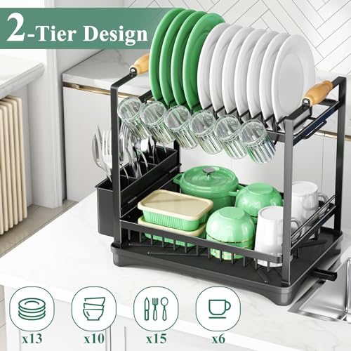 Dish Drying Rack for Kitchen Counter - 2 Tier Dish Rack with Drainboard, Stainless Steel Large Dish Drainers, Black