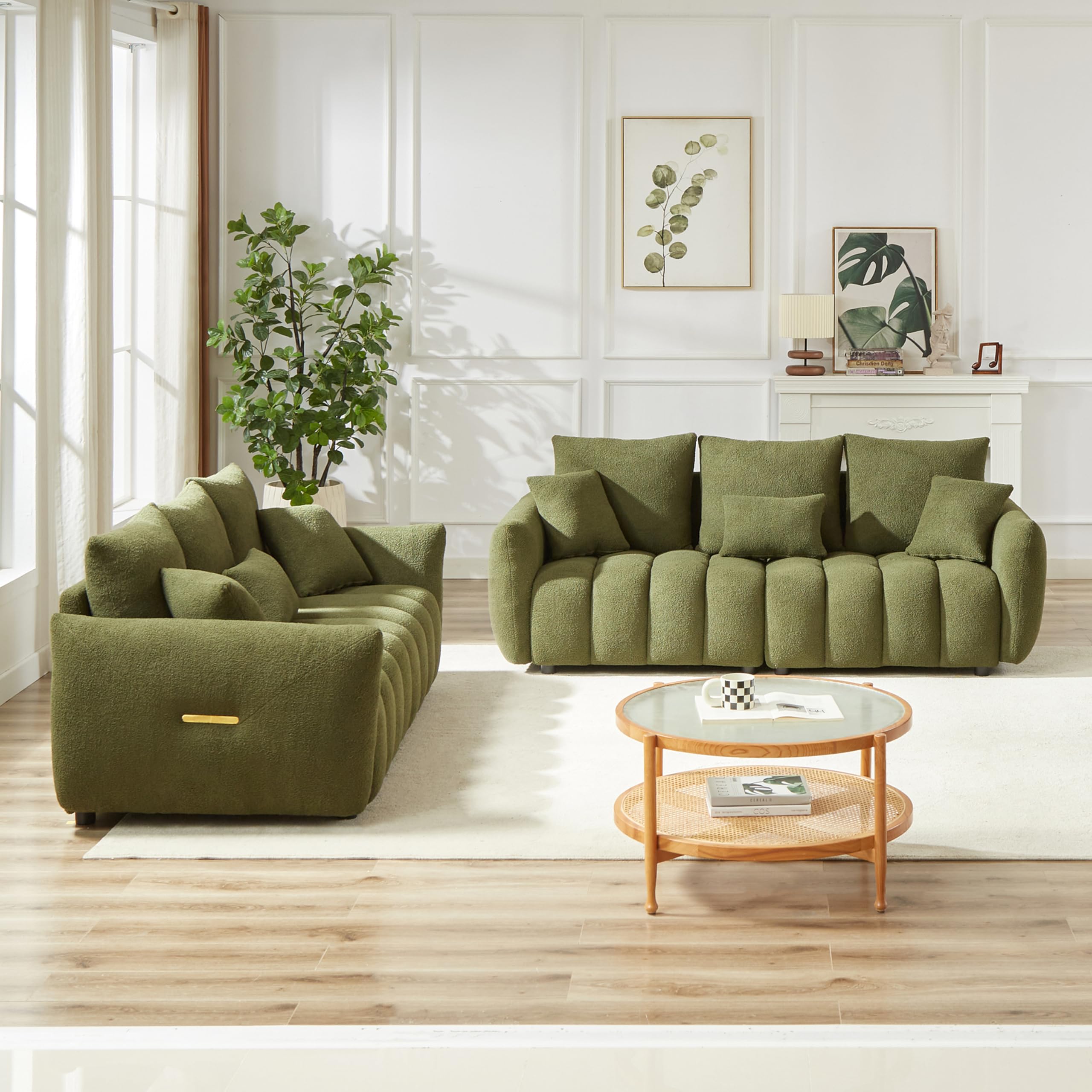 Wrofly 82" Teddy Cloud Sofa Couch, Comfy Upholstered Sherpa Deep Seat Boucle Sofa, Cozy Modern 3 Seater Couch with 3 Pillows, Oversized Loveseat for Living Room Apartment Office, Olive Green