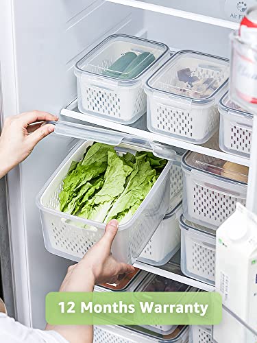 COCOYA 5-Pack Large Fruit Containers for Fridge, Leakproof Produce Storage Keeper with Removable Colander Food Grade BPA FREE Keep Vegetables Berry Veggies Lettuce Apple Banana Meat Food Fresh Longer
