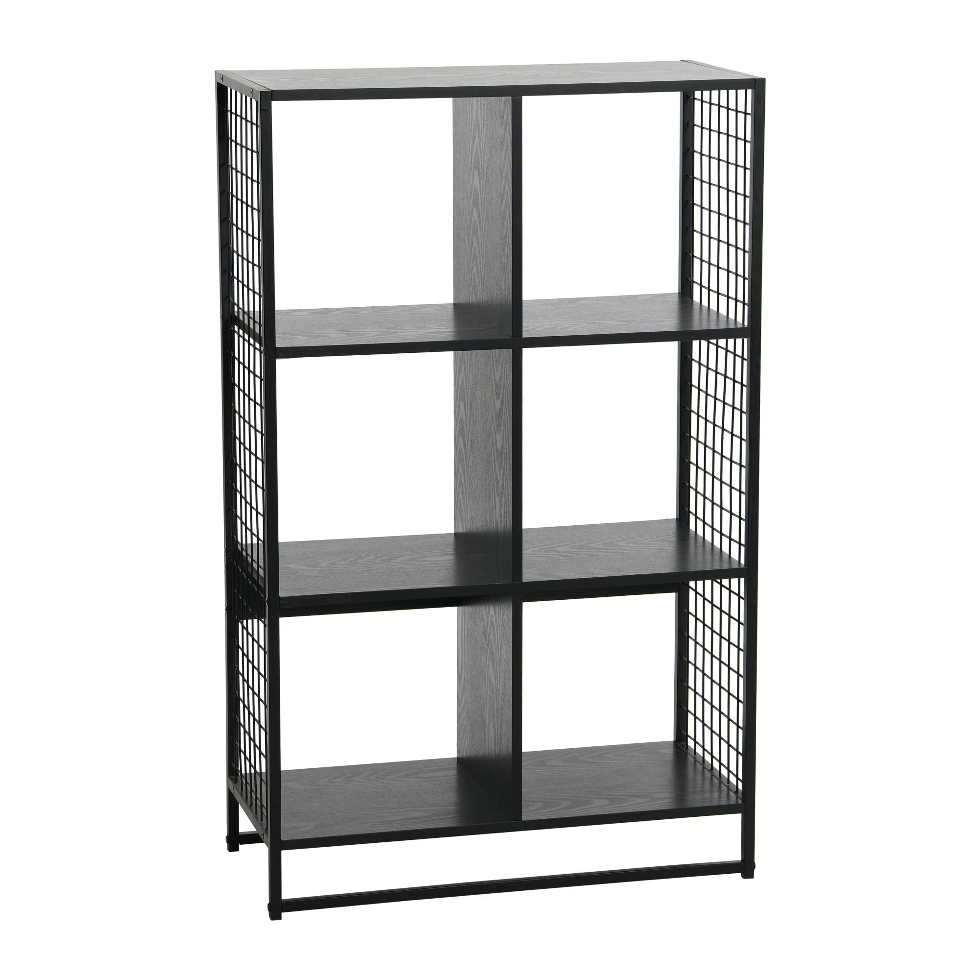 Household Essentials Trellis Open Storage Bookshelf with 6 Cube Compartments Black Oak Wood Grain and Black Metal