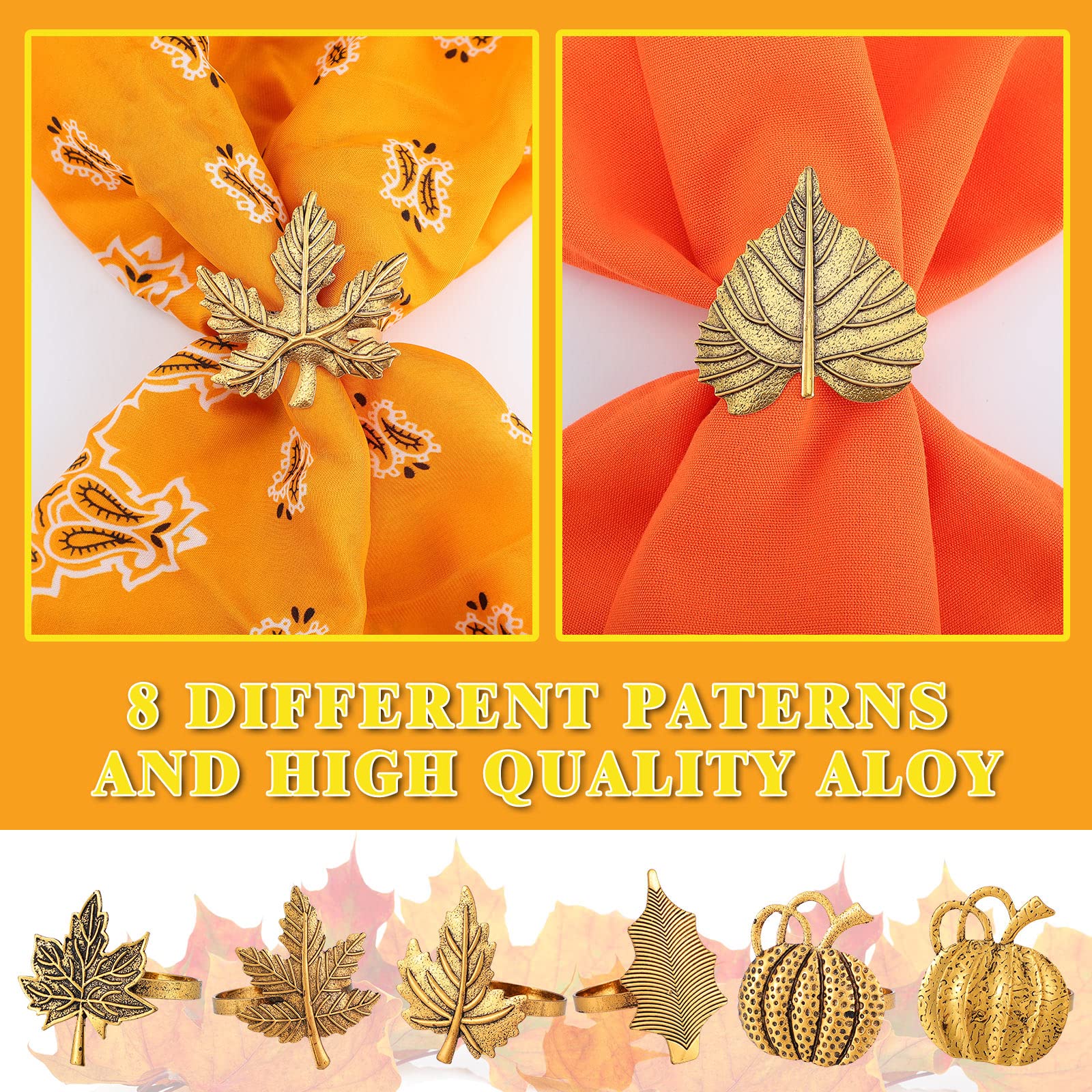 WILLBOND 12 Pcs Thanksgiving Napkin Ring Set Pumpkin Napkin Holders Fall Napkin Rings Fall Leaf Napkin Rings Alloy Napkin Holder Buckle for Halloween Home Party Table Decor Wedding Supplies(Classic)