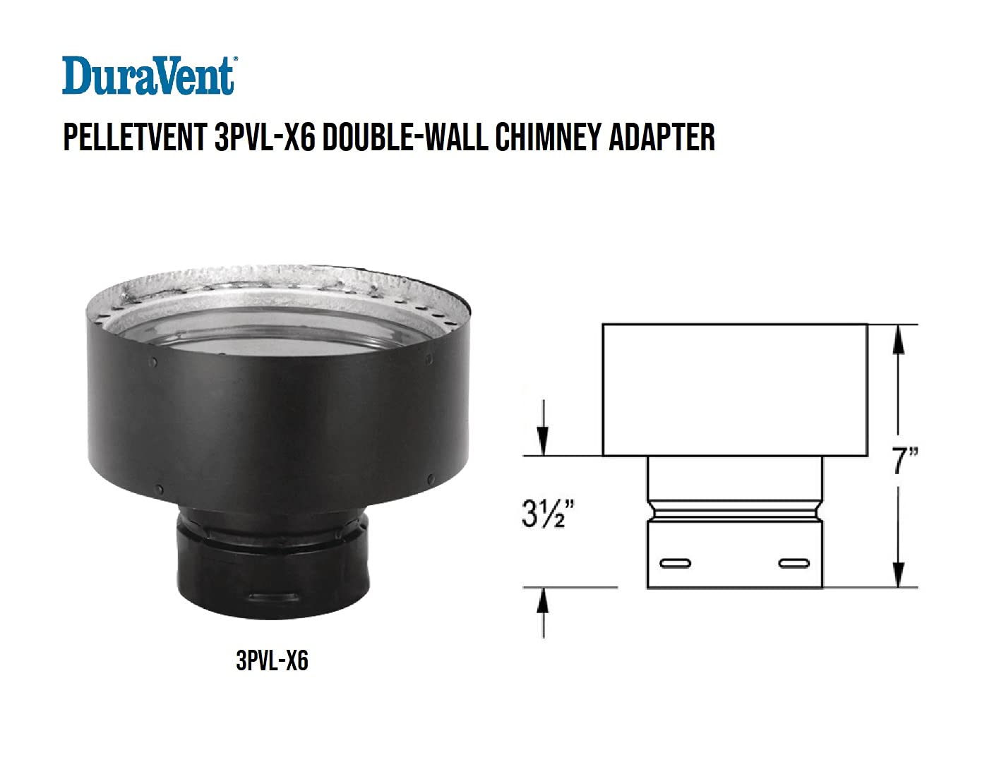 DuraVent 3PVL-X6 PelletVent Double-Wall Air-Insulated Pellet Stove Chimney Adapter with Stainless Steel Inner Wall and Galvalume Outer Wall, 6" Diameter