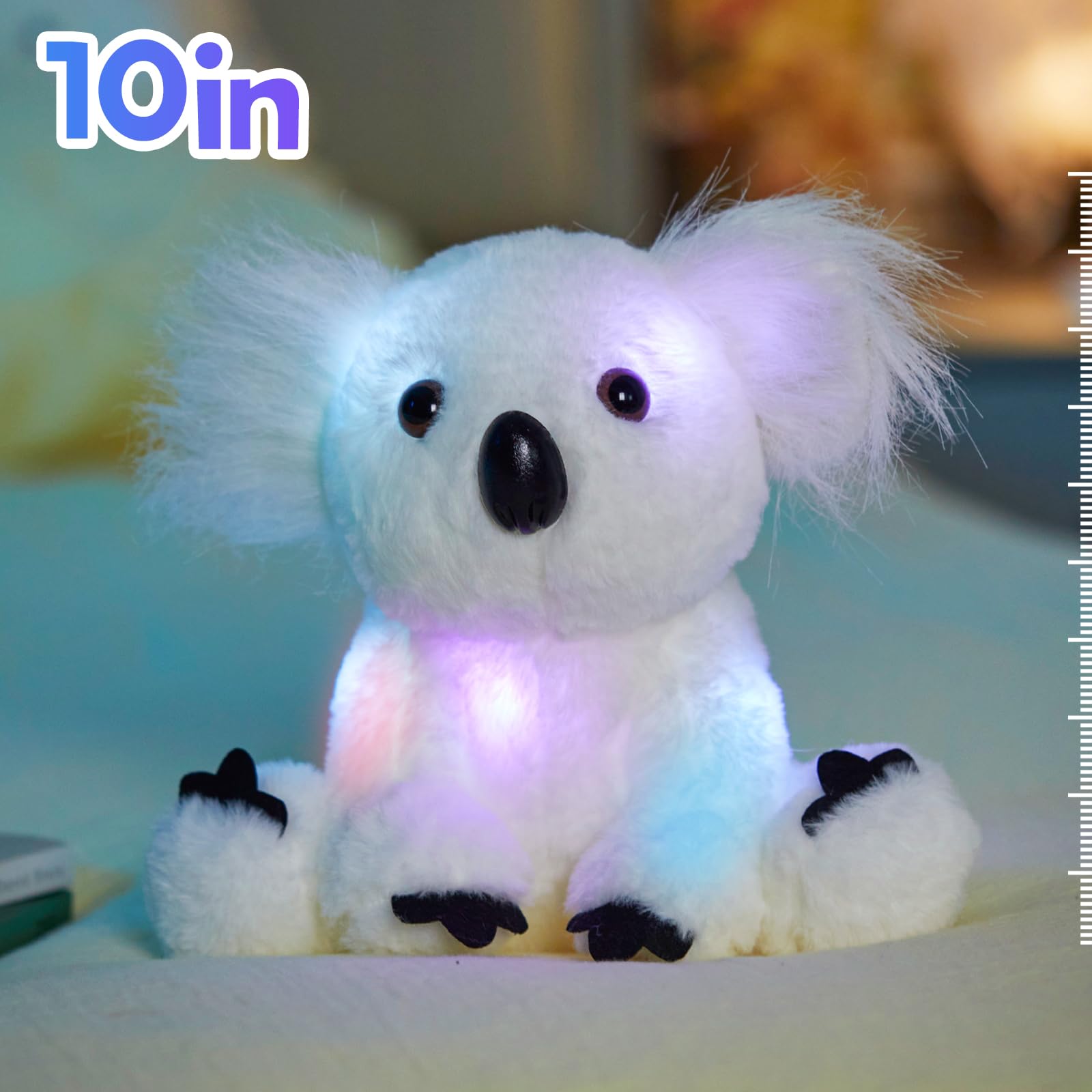 Glow Guards 10'' Light up White Koala Stuffed Animal LED Soft Plush Wildlife Toy with Rainbow Night Lights Ideal Birthday Children's Day for Toddler Kids