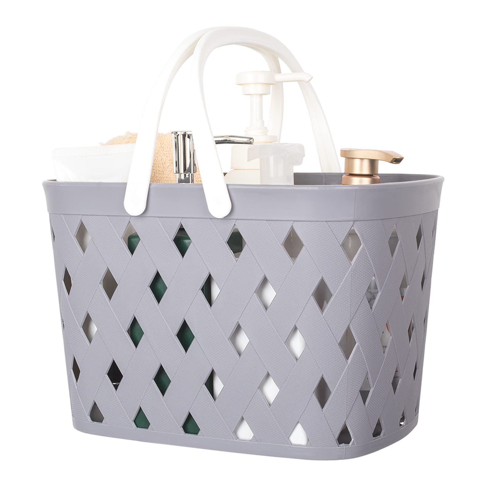 JiatuA Plastic Organizer Storage Basket with Handles, Woven Storage Bins for Bathroom, Kitchen, Closet, Bedroom (Light Gray)