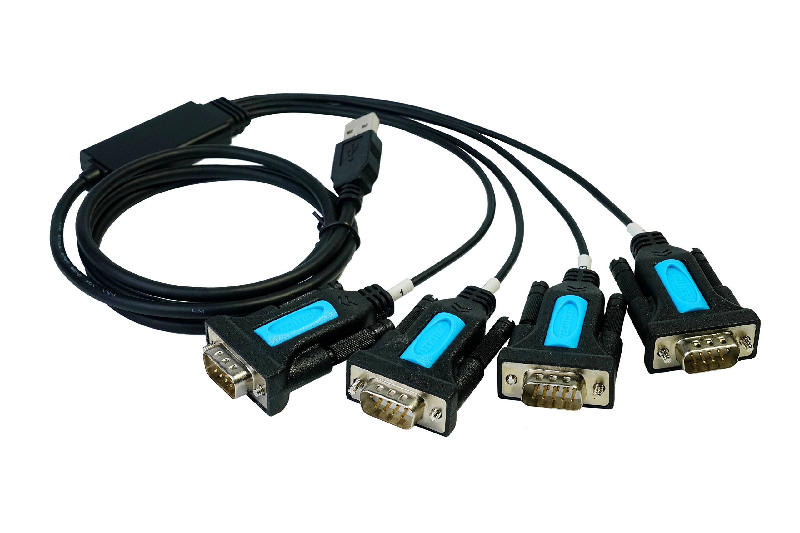 TECHTOO 4 Port Professional FTDI CHIP USB to Serial RS232 DB9 Adapter Converter Serial Cable 9-Pin Male to Male with Thumbscrews (W/Thumbscrews, 4 RS232 Port)