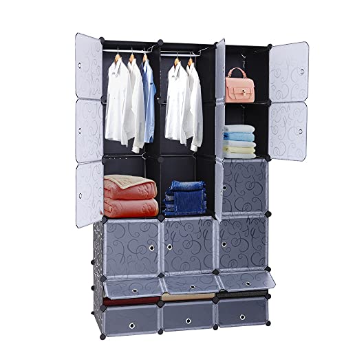 Cffuvros 18-Cube DIY Plastic Closet Cabinet, Storage Cube Organizer with Doors and Clothes Rod, Stackable Closet Shelf for Bedroom, Plastic Space Saver for Home, Living Room, Office