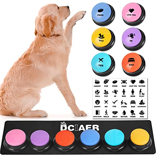 DCIAER Dog Buttons for Communication,Talking Buttons for Dogs,6 Recordable Sound Buttons + 24 Scene Patterns + 1 Dog Button Mat+ 12 AAA Batteriesďź30 Seconds Dog Buttons for Pet Sound Training Toy
