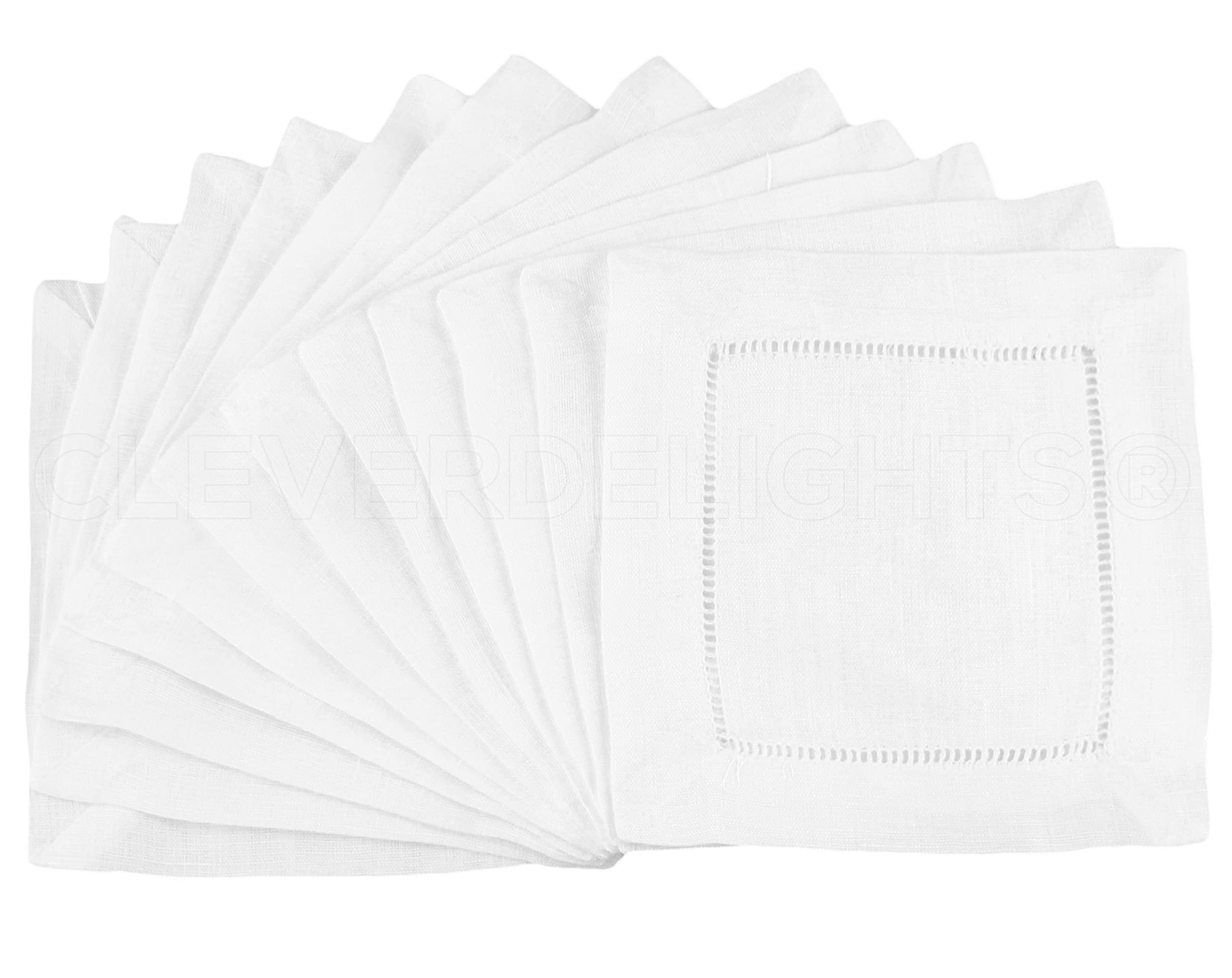 CleverDelights 6" White Linen Hemstitch Cocktail Napkins - 12 Pack - 100% Linen