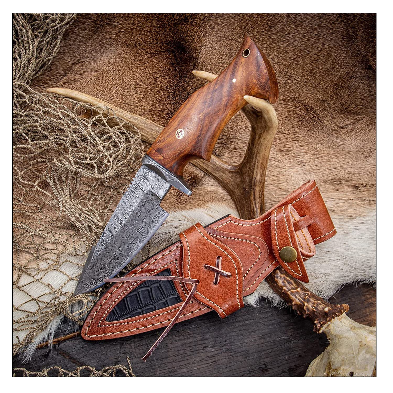 B H 9.7 Inch Handmade Damascus steel hunting knife | Bushcraft Knife with Sheath for Men | Fixed Blade Non-Slip Walnut wood Handle
