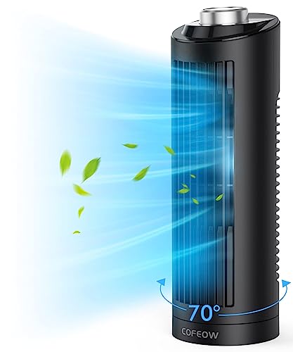 Cofeow Tower Fan, 2023 New Portable Electric Desk Fan, 70°Oscillating, 20ft/s Quiet Cooling, 13 Inch, Standing Table Fan with 3 Modes, Bladeless fan for Bedroom, for Office Desktop Deep Black