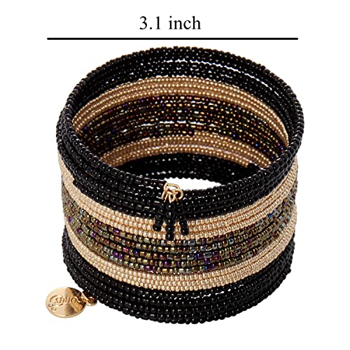 Coiris Multilayer Seed Beads Stretch Bracelets Tiny Beaded Stackable Strand Bangle for Women Girls(BR-1211-Black Gold Ancient Brown)