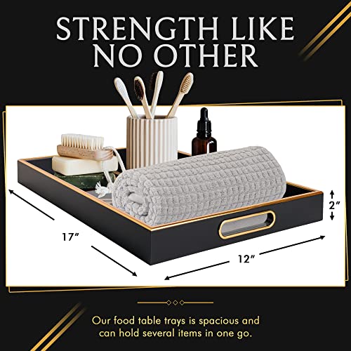 DIVERSITY TRADE Gold & Black Serving Tray w/ Handles – 17'' x 12'' Black Decorative Tray Large Ottoman TrayLiving Room Leak Proof Coffee Table Tray Glass Serving TrayOttoman Coffee Table (CX80225)