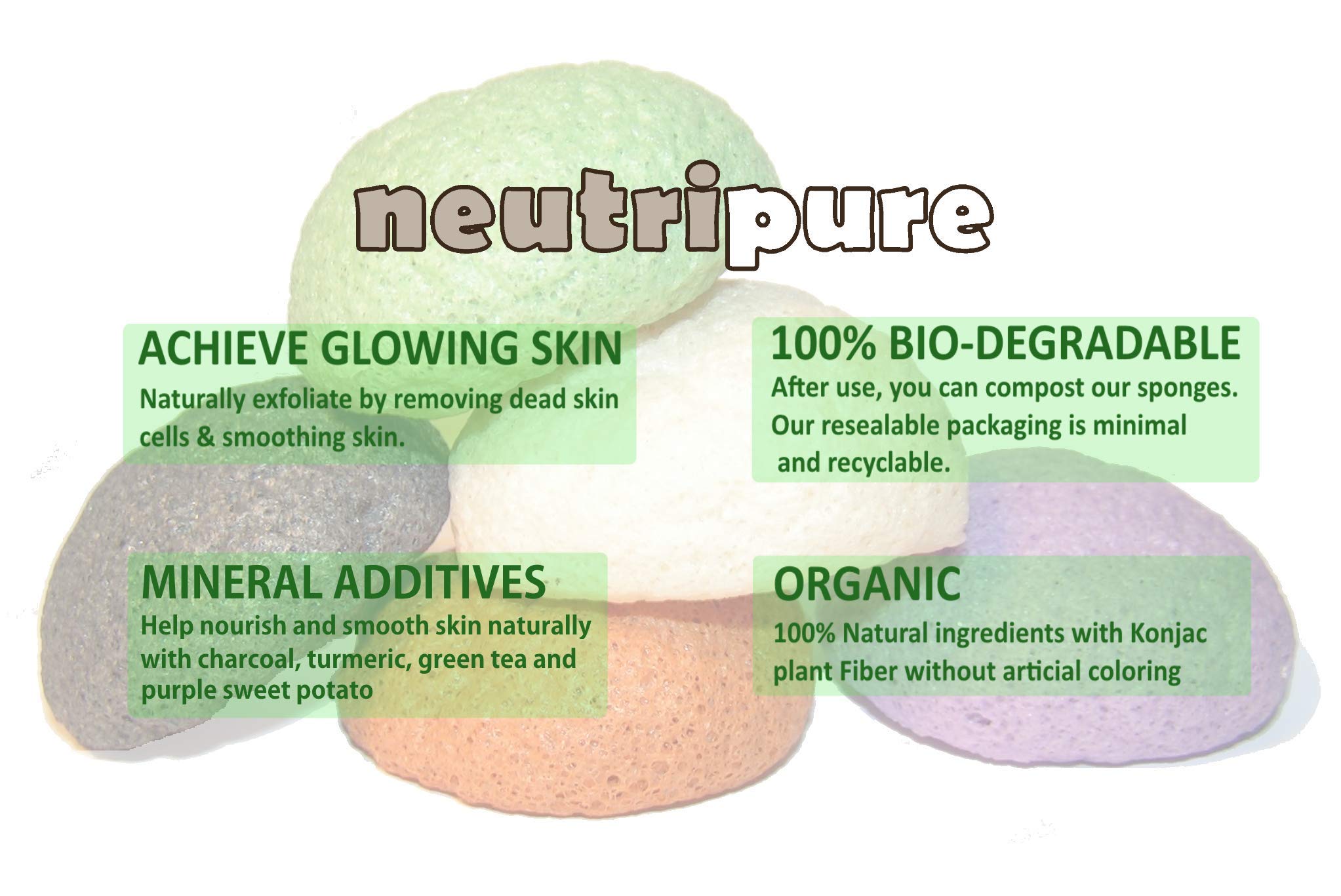 Konjac Sponge Set: Organic Skincare Facial for Natural Exfoliating and Deep Pore Cleansing 5 Piece Sampler Pack Infused with Charcoal, Turmeric, Green Tea