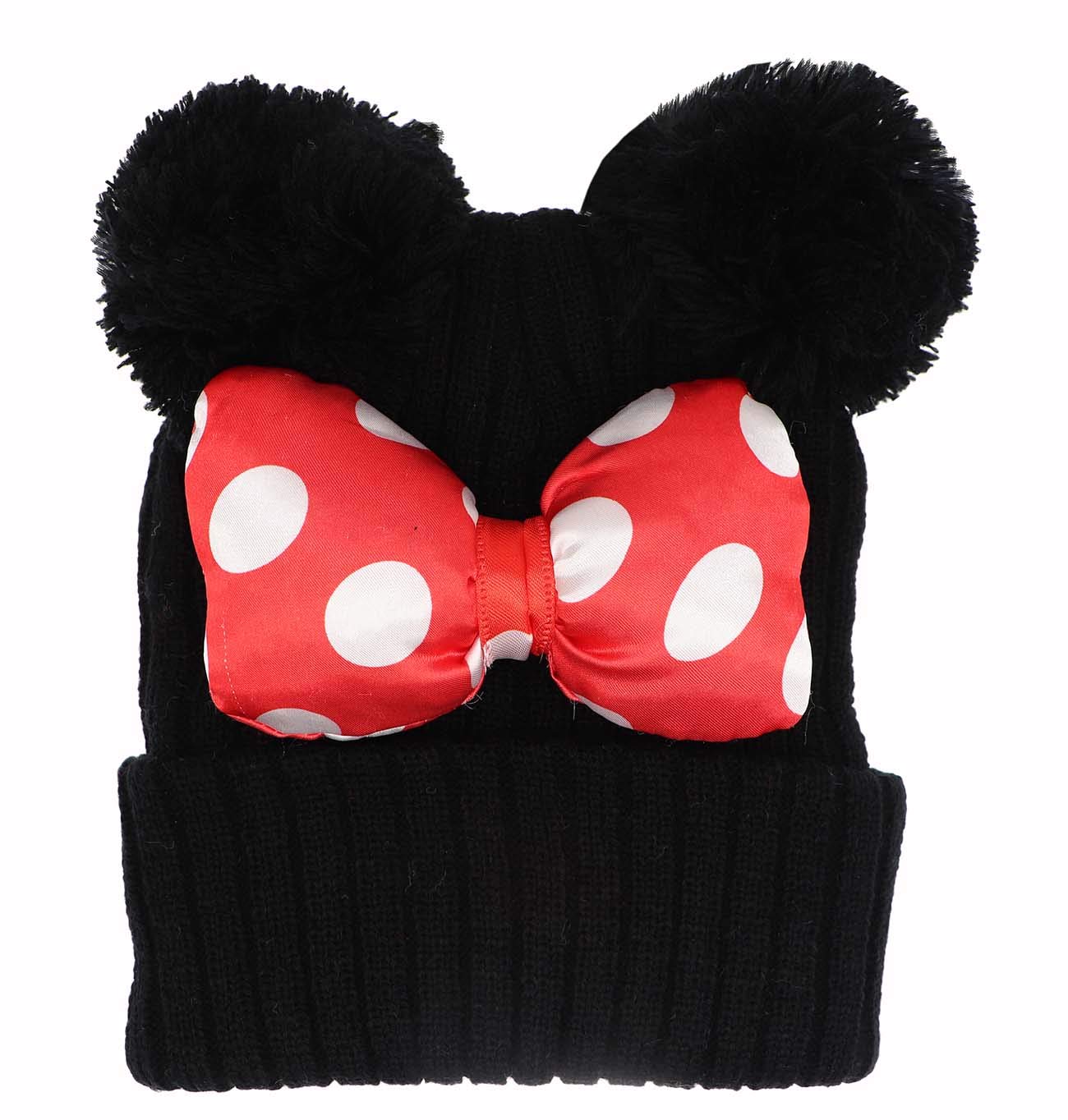 Toddler Girls Winter Beanie Hats with Pom Poms Warm Knit Baby Cap with Cute Mouse Ears Bowknot Black