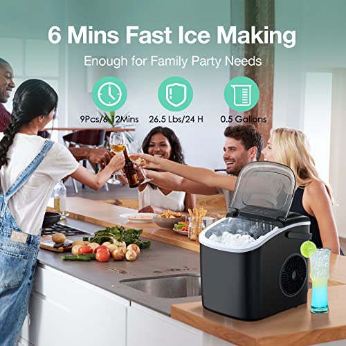 Countertop IceĀ Maker 6 Mins 9 Bullet Ice, 26.5lbs/24Hrs, Portable Ice Maker Machine with Self-Cleaning, Bags, Ice Scoop, and Basket, for Home/Kitchen/Office/Party