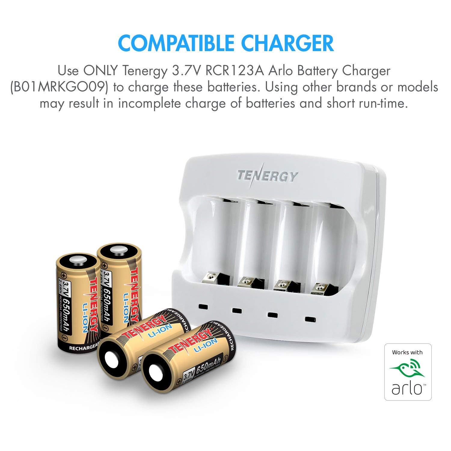 Tenergy Fast Charger ONLY for Arlo Certified Tenergy 3.7V 650mAh RCR123A Li-ion Rechargeable Battery, CE and FCC Certified