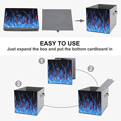 Blue and Red Fire Flame Storage Bin Foldable Cube Closet Organizer Square Baskets Box with Dual Handles
