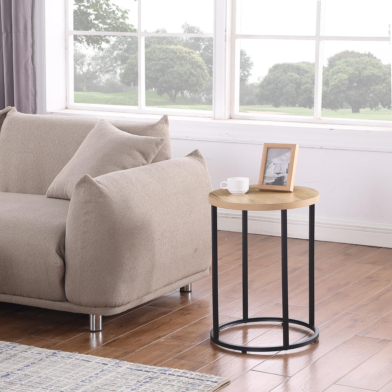CENSI Oak End Table Side Table for Living Room, Mid-Century Modern Nightstand for Bedroom, Plant Stand, 15.7" Round, Wood and Metal (Natural)