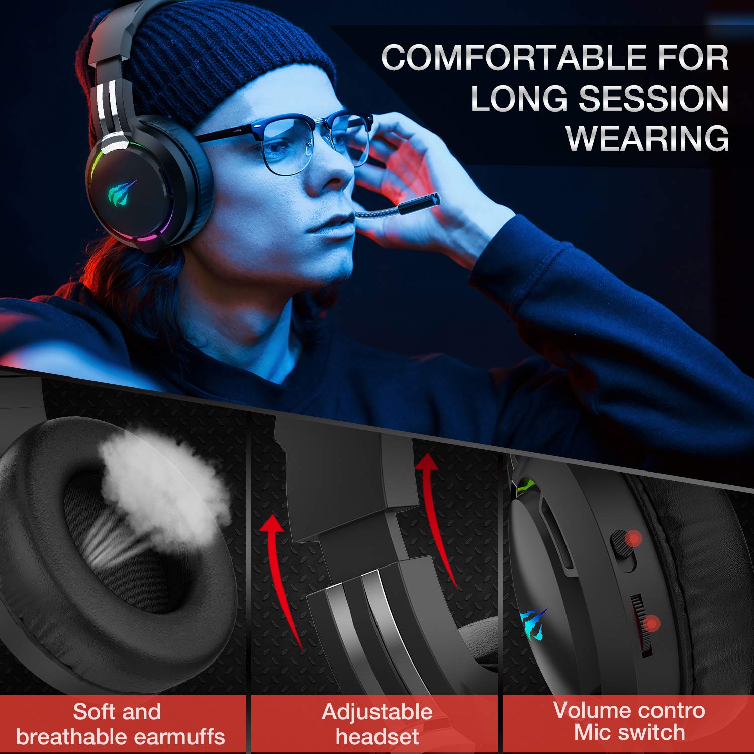 Havit RGB Gaming Headset and Headphone Stand 2 in 1 Set, Desk Dual Headset Hanger Base with Phone Holder & 2 USB Port, Gaming Headphone with Mic for Desktop PC Game PS4 PS5 Xbox