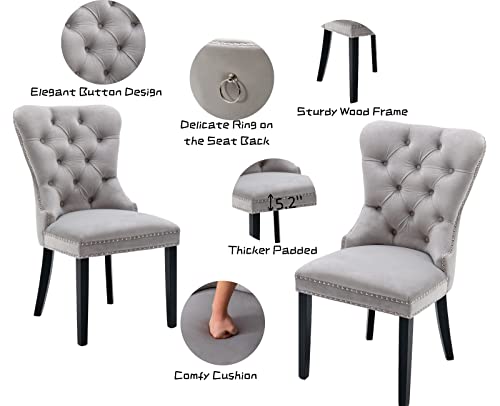 CIMOO Velvet Upholstered Dining Chairs Set of 4 Comfortable Tufted Chair Modern Armless Chairs with Button, Nailhead Trim, (Grey, Ring on The Back)