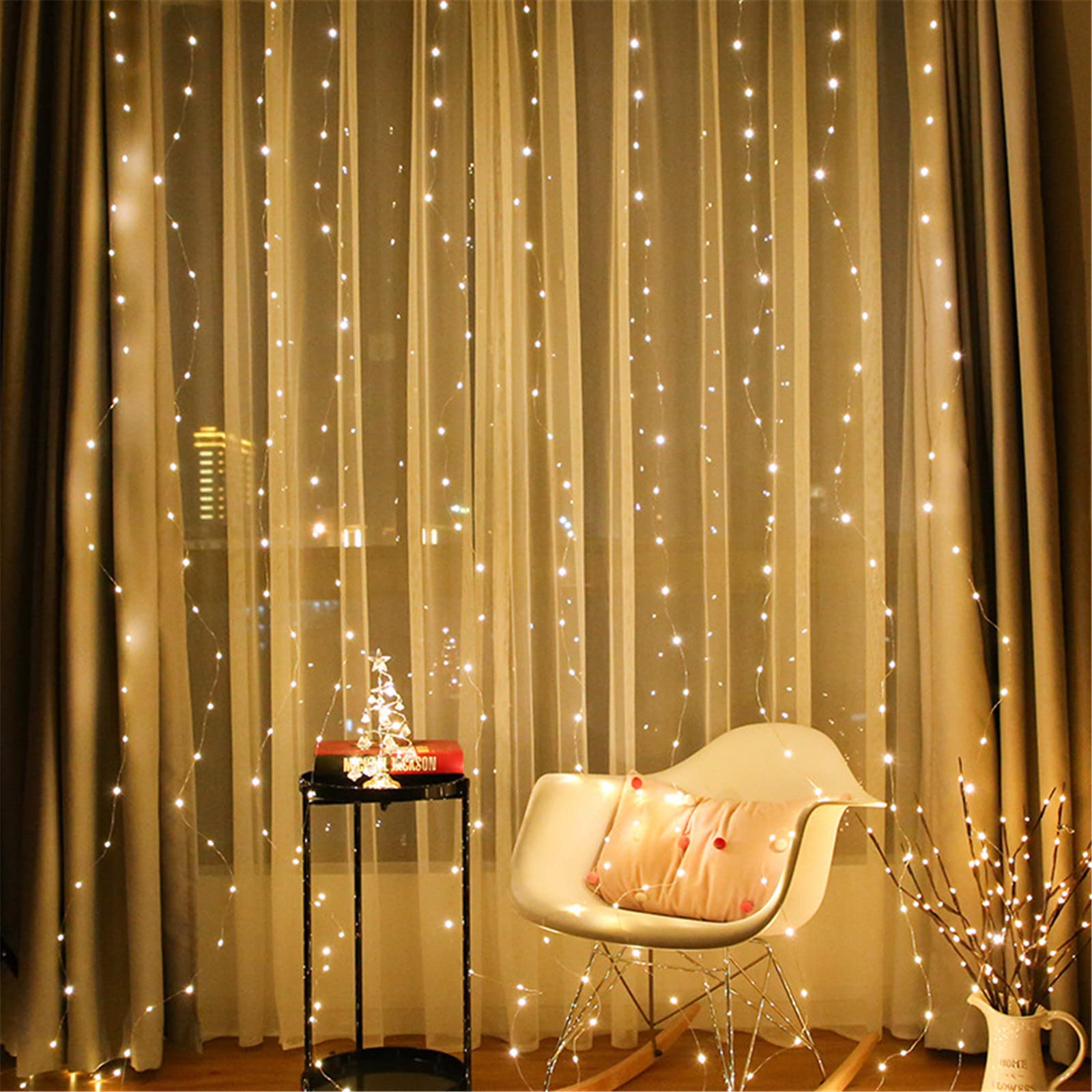 Led Curtain Lights, 300 LED Curtain String Light with 8 USB Modes Remote for Christmas Bedroom Party Wedding Home Garden Wall Decorations(Warm White)