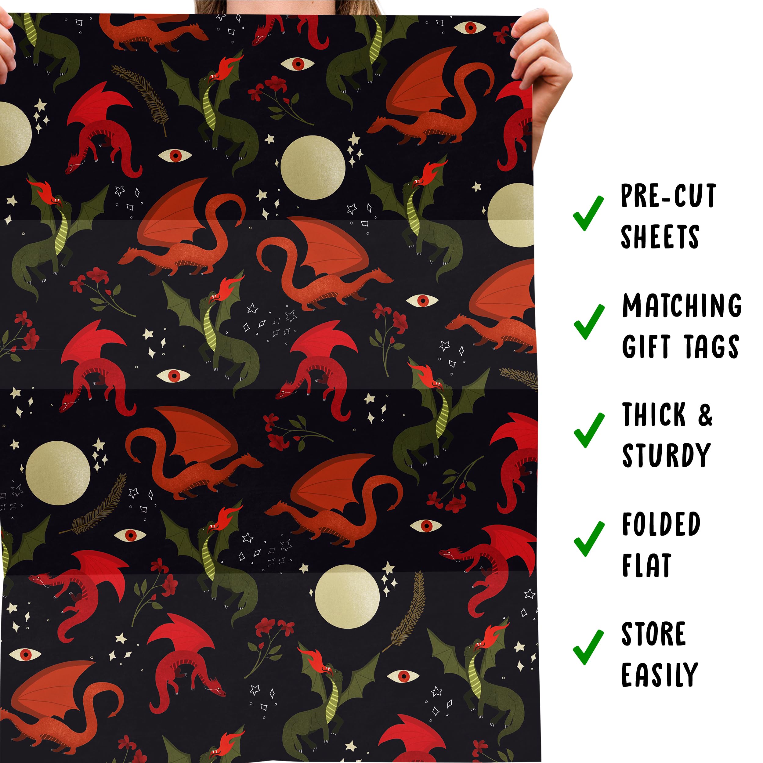 CENTRAL 23 Black Wrapping Paper - 6 Sheets of Birthday Gift Wrap - Dragons - Moon - Star - For Men Women - Halloween - Comes with Stickers - Recyclable
