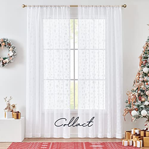 COLLACT White Sheer Curtains Snowflake Sheer Curtains for Living Room Rod Pocket Curtains for Window 84 Inch Long 2 Panel Set Modern Sheer White Curtain Set