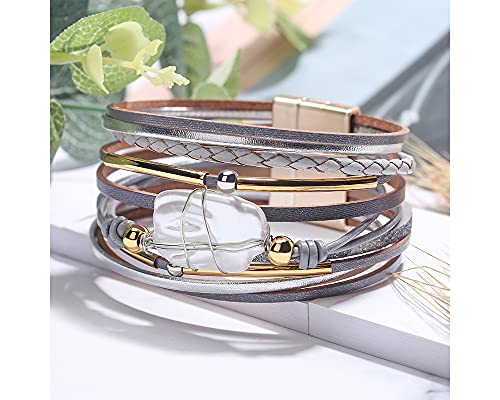 Fesciory Leopard Bracelet for Women, Boho Leather Wrap Multi-Layer Pearl Crystal Bracelet Bangle Jewelry(Gray Leather(Pearl))
