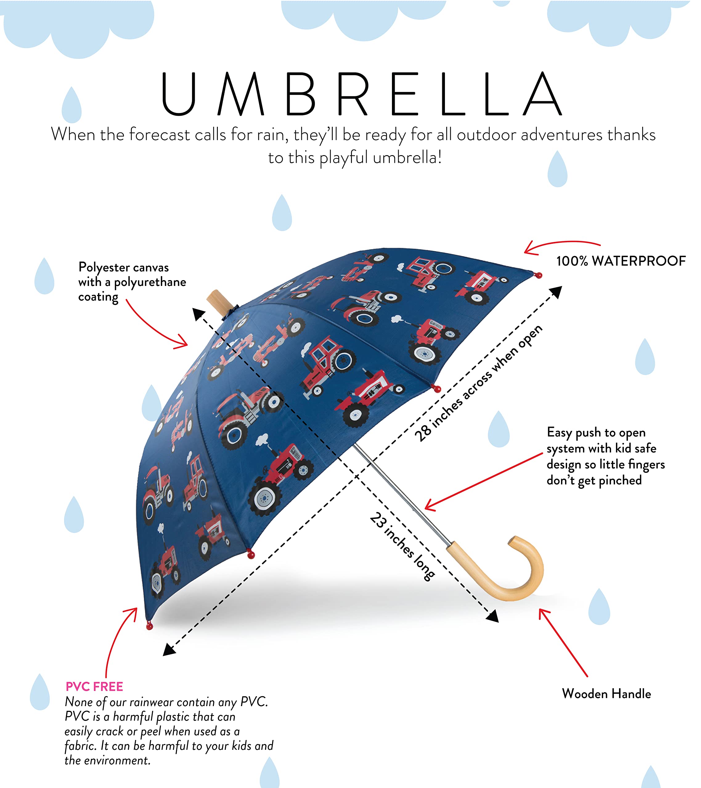 Hatley Kids Printed Umbrellas, Red Farm Tractors, One Size