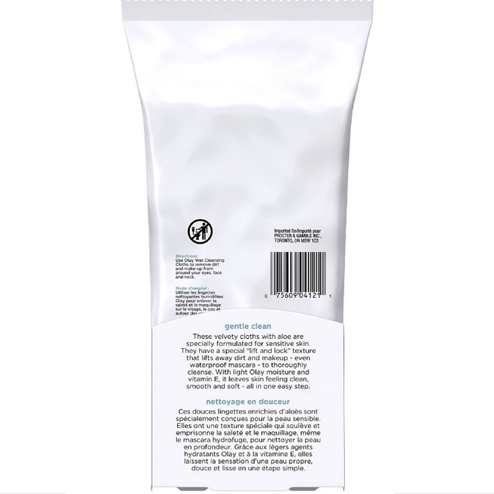 OLAY Wet Cleansing Cloths Gentle Clean, Sensitive/Fragrance-Free 30 Ea (Pack of 5)