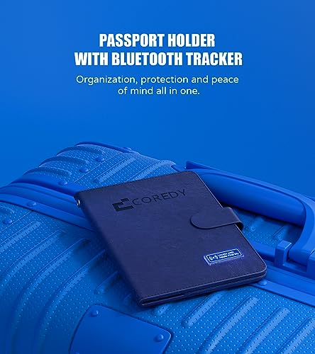 Coredy Passport Holder and Bluetooth Tracker Combo, Travel Must Haves Passport Cover Finder, Works with Apple Find My (iOS Only), RFID Blocking, Slim Travel Accessories Passport Wallet, Blue