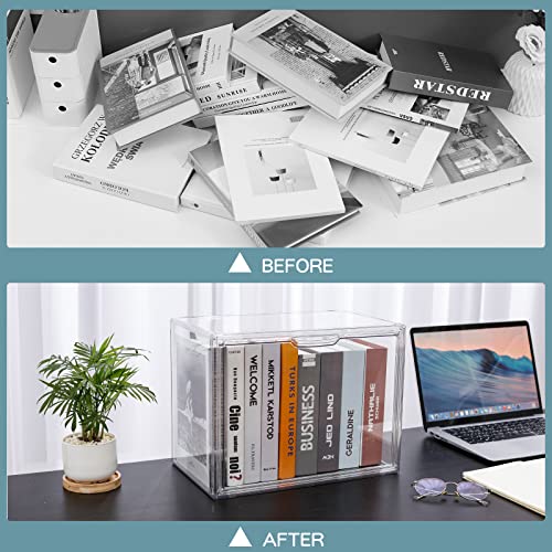 FABROK 2Pcs Clear Book Storage Organizer Box, Plastic Stackable Book Display Case with Magnetic Door, Assemble Storage Showcase for Toy Dolls, Books, Shoes Organizing