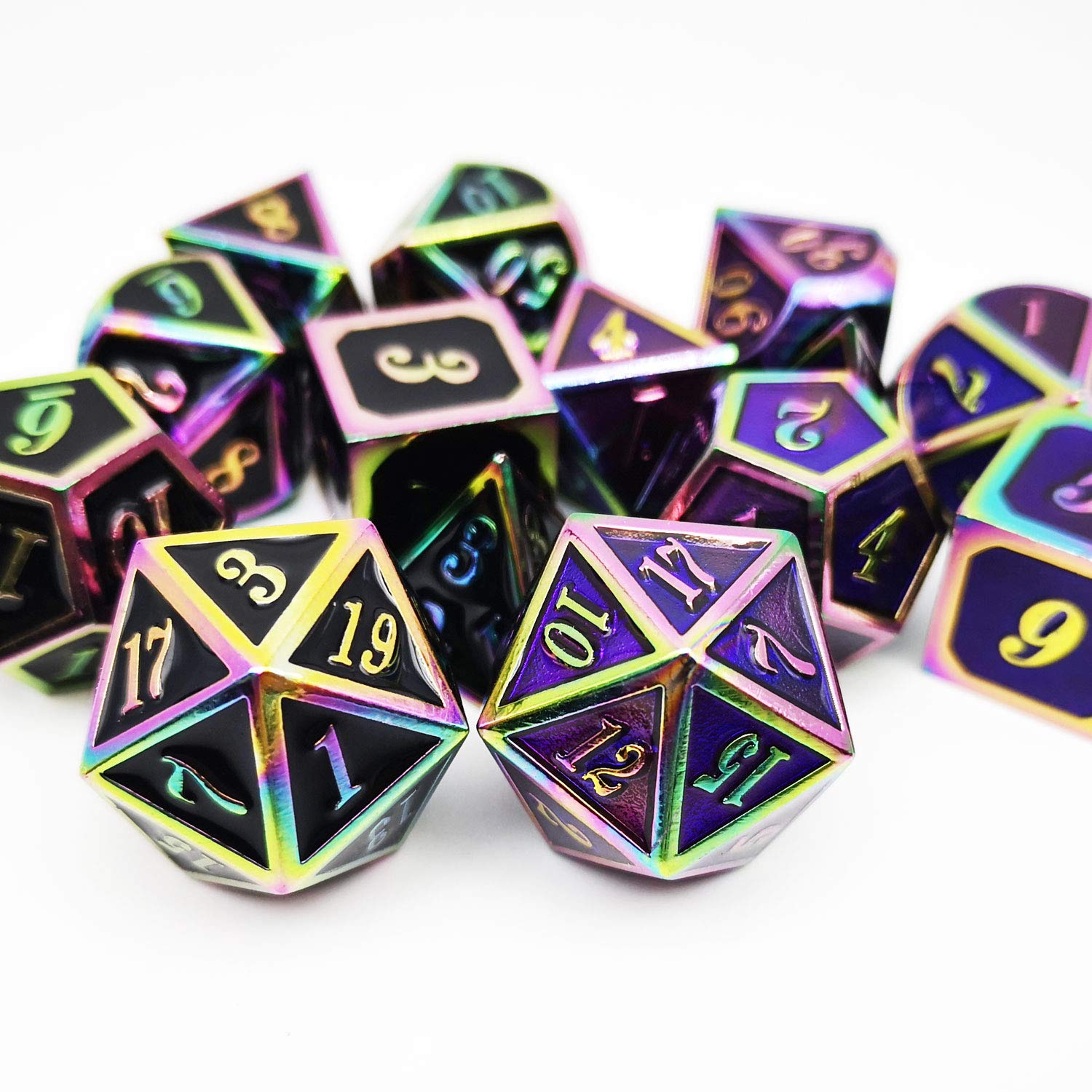 Haxtec Metal DND Dice Set Rainbow Purple D&D 7PCS of D20 D12 D10 D8 D6 D4 for Dungeons and Dragons TTRPG Games