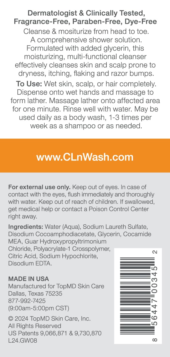 CLn® 2-in-1 Gentle Wash & Shampoo- Multi-functional Cleanser for Skin & Scalp Prone to Irritation, Flaking, Itching, Dryness & Razor Bumps, Fragrance-Free & Paraben-Free, 8 fl. oz.