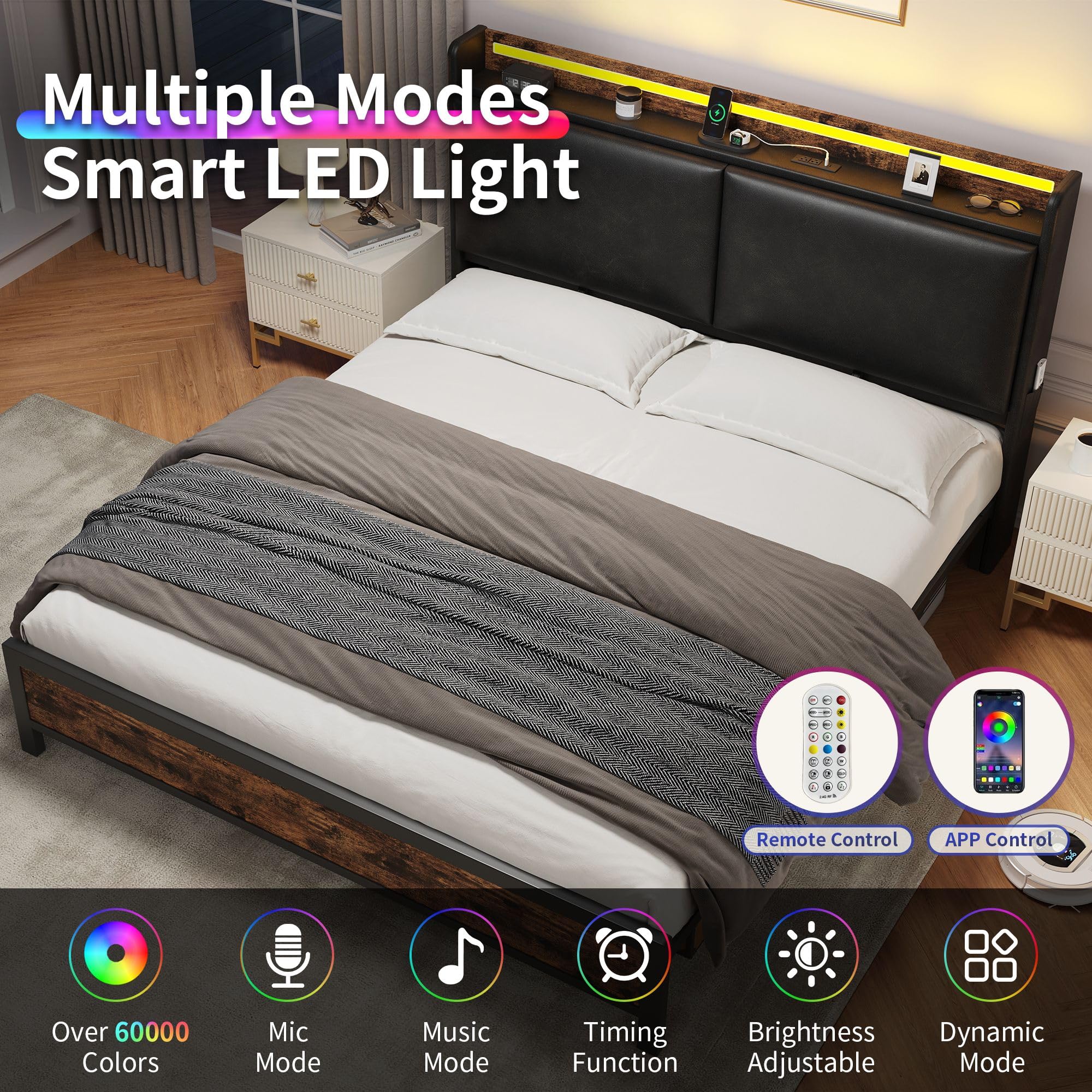 Queen Size Bed Frame with Adjustable Ergonomic Hidden Storage Headboard, PU Leather Upholstered Metal Queen Bed Frame with Charging Station and LED Lights, Heavy Duty, No Box Spring Needed, Black