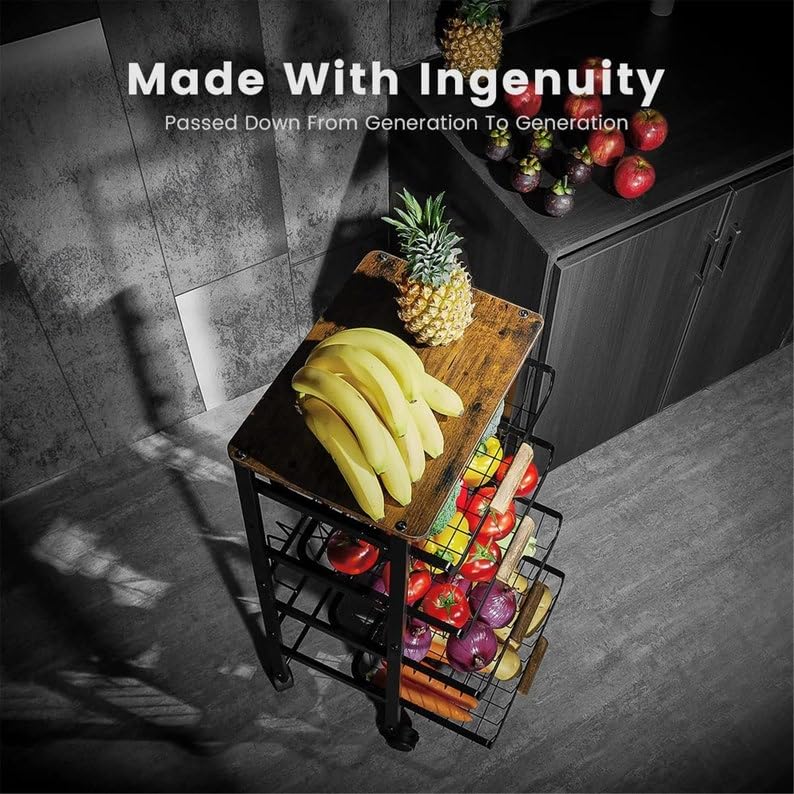 DELORM 5 Tier Vegetable Fruit Kitchen Storage Basket Cart Rack with Universal Wheel Metal Wire Basket Shelf Rolling Storage Cart, Rustic Farmhouse