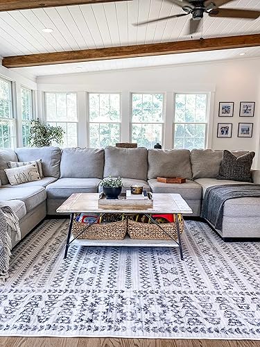 BoutiqueRugs Greig Farmhouse Moroccan Geometric Area Rug - Boho Aztec Tribal Carpet for Living Room - Black, Charcoal, Light Gray - 7'10" Round Rug