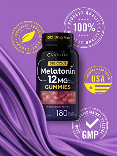 Carlyle Melatonin Gummies 12mg | 180 Count | Drug Free | Natural Berry Flavor | Vegan, Non-GMO, Gluten Free