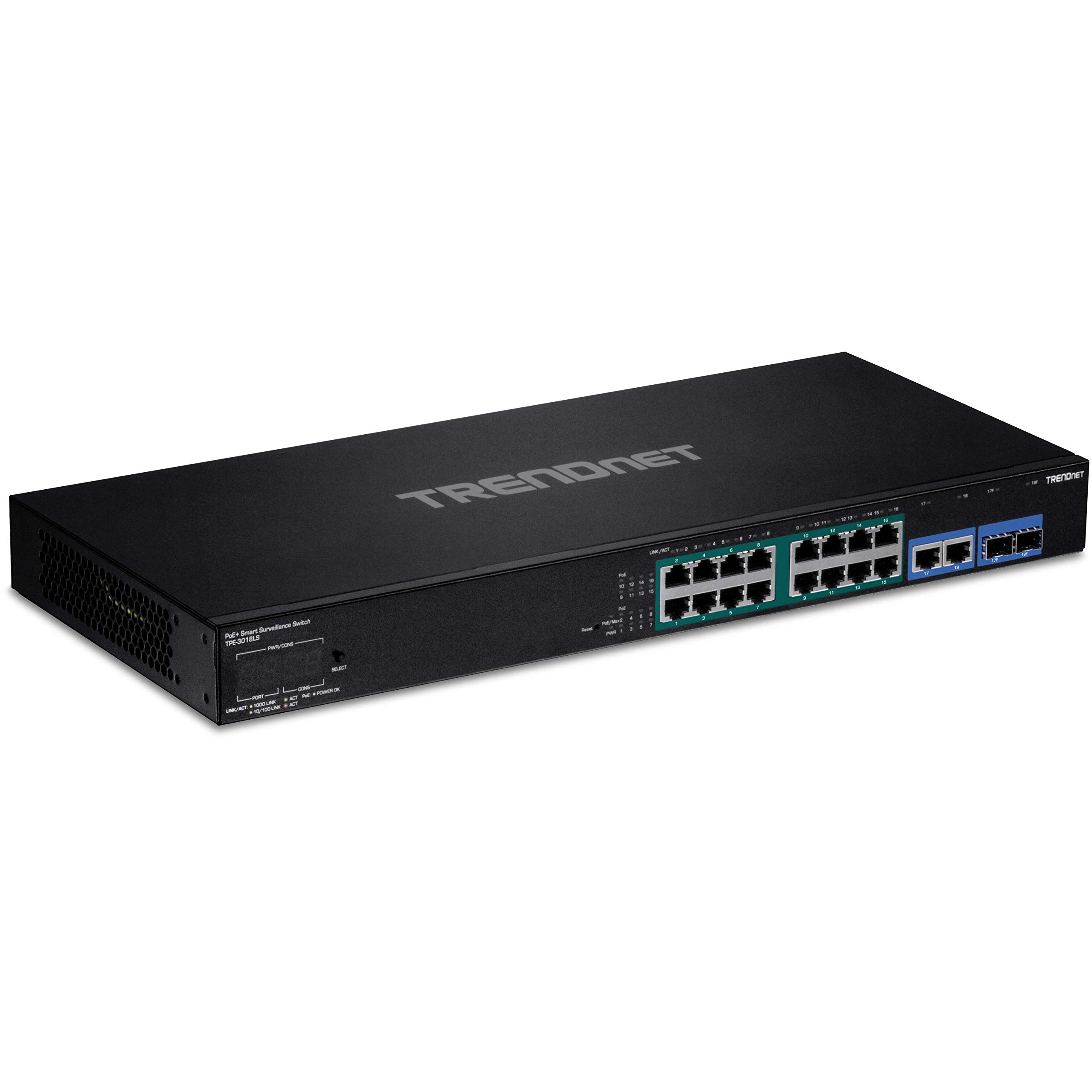 TRENDnet 18-Port Gigabit PoE+ Smart Surveillance Switch, TPE-3018LS, 16 x Gigabit PoE+ Ports, 2 x Gigabit Ports, 2 x SFP Slots, 220W PoE Budget, Managed Switch, Extend PoE+ up to 200m (656 ft)