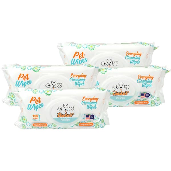 Txakur pet Wipes for Dogs and Cats Hypoallergenic Natural Products for Cleansing from Nose to Tail 400ct 8x7in Wipes in Packs of 100 Wipes Perfect for Grooming and Cleaning Made in The USA