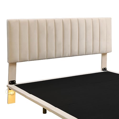 CITYLIGHT Upholstered Floating Bed Frame,Smart LED Bed Frame with Sensor Light and Headboard, Modern Velvet Floating Bed for Girls Boys Teens Adults, Beige