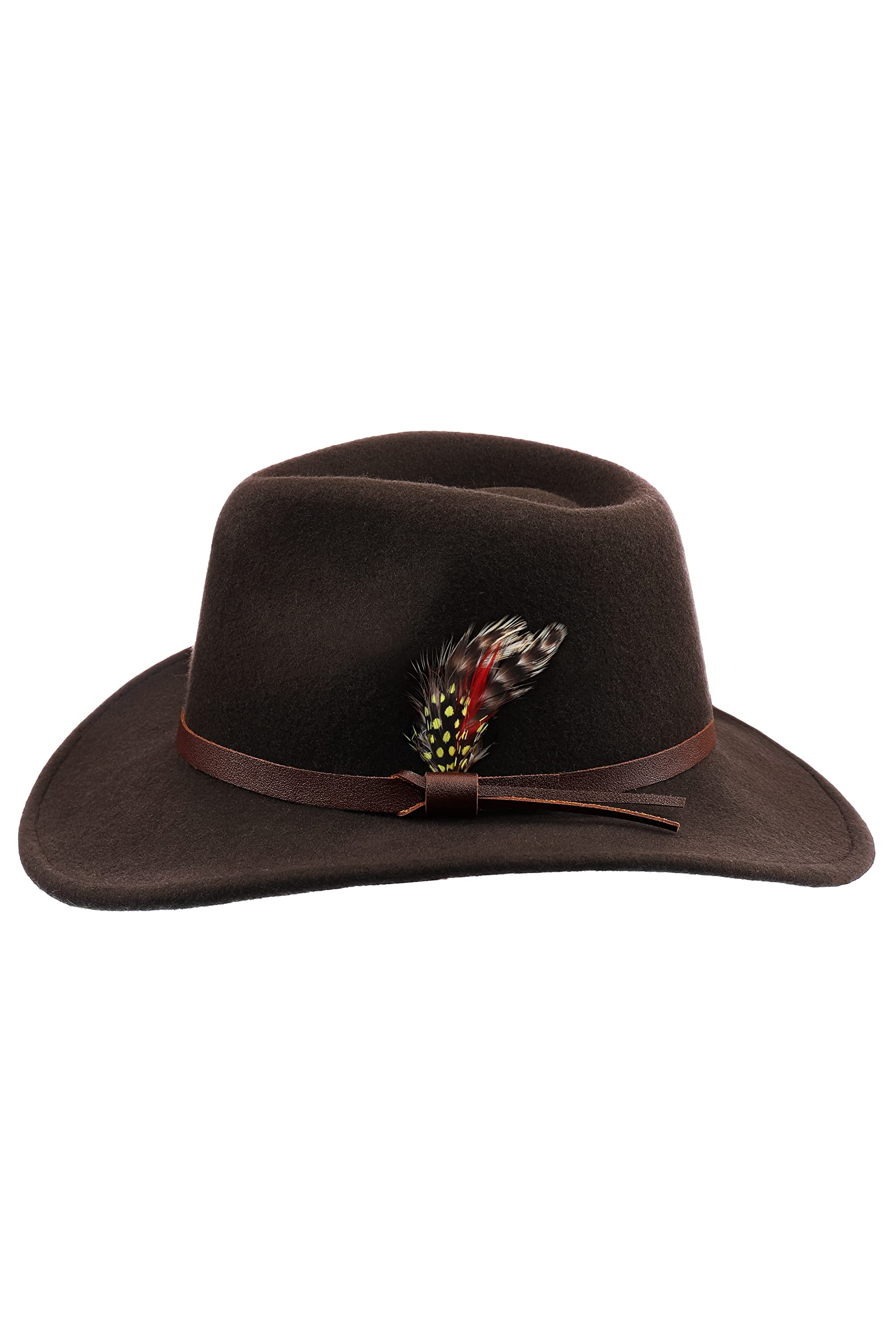 BABEYOND 100% Wool Felt Outback Fedora Hat for Men Wide Brim Cowboy Panama Hat with Leather Band and Feather Brown