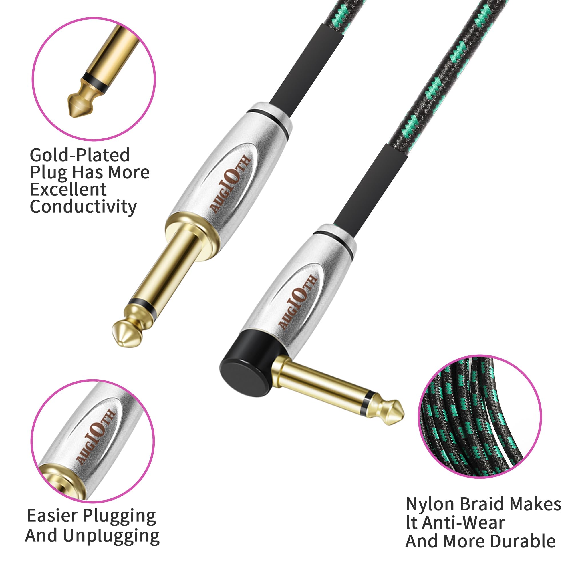 Augioth Guitar Cable 20 ft 2 Pack, Electric Instrument Bass Cable AMP Cord 1/4 Straight to Angled Black and Green Tweed
