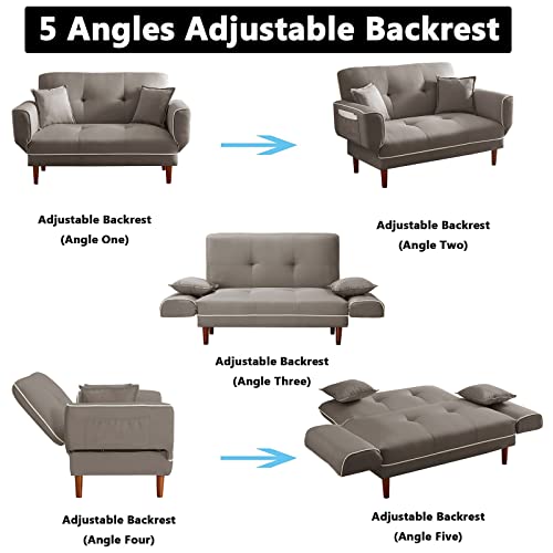 Convertible Futon Sofa Bed with 2 Pillows, Small Loveseat Sleeper Sofa Futon Couch, Recliner Couch with Adjustable Armrest and Wood Legs, Living Room Sofa with 5-Angle Backrest for Small Space (Grey)