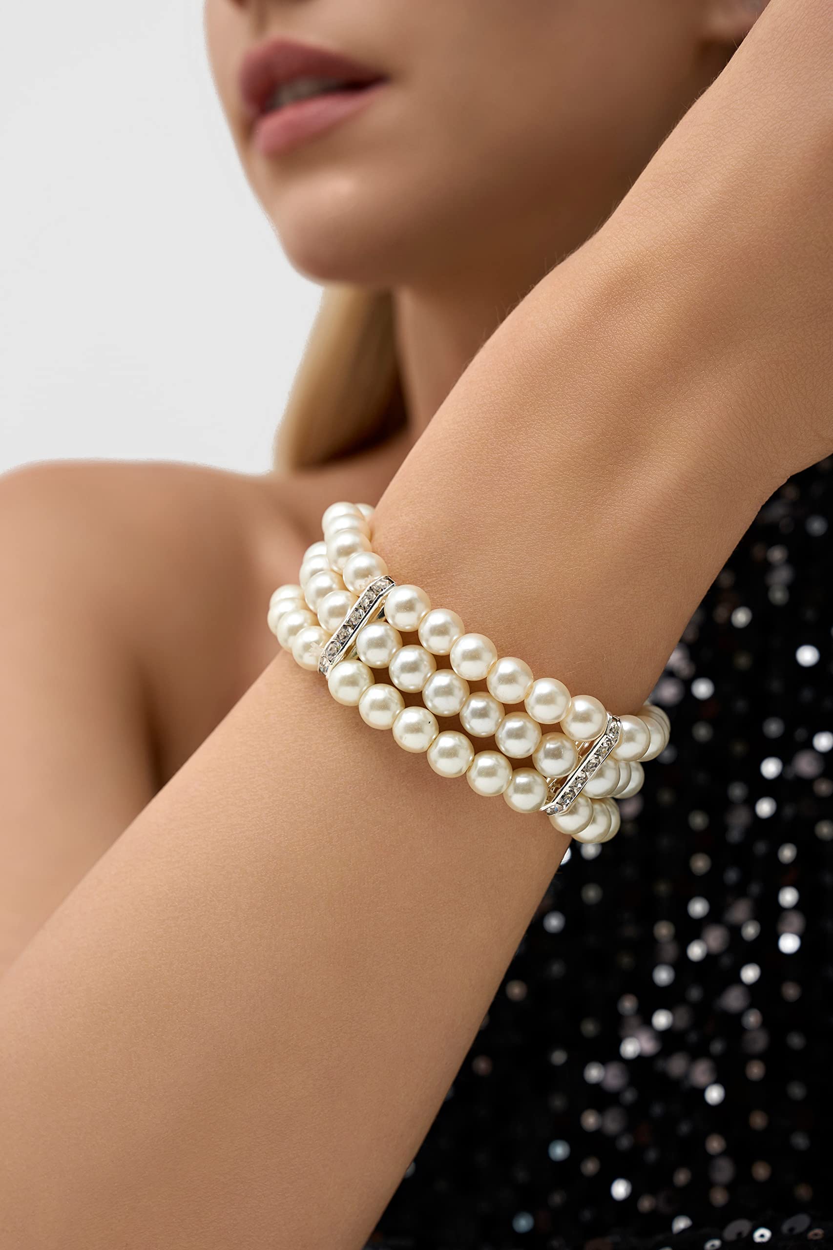 BABEYOND 1920s Flapper Imitation Pearl Bracelet Great Gatsby Pearl Bracelet Roaring 20s Accessories Jewelry Set (3layer)
