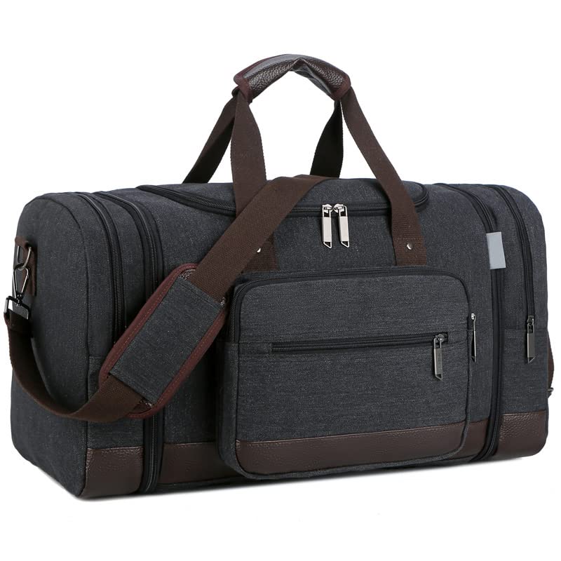 Canvas Duffle Bag for Men(42L/50L), Expandable Capacity Travel Bag with Removable Shoulder Strap Fitness Bag, Suitable for Male Travel, Fitness, Flight Carry on(Black)