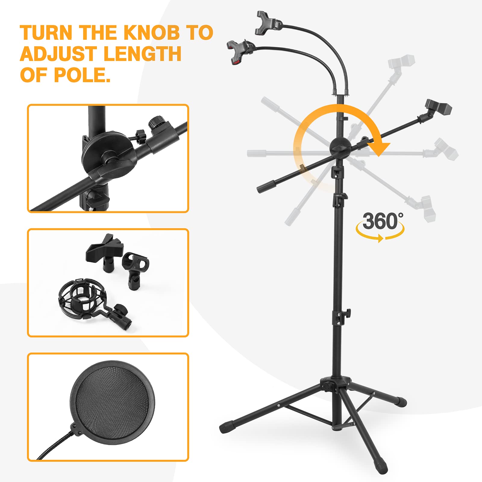 Autex Tripod Mic Stand, Microphone Stand with 2 Gooseneck Phone Holders, Boom Mic Stand with Mic Shock Mount, Pop Filter and Carrying Bag, Dual-use Mic Stands for Podcast, Radio and Live Stream