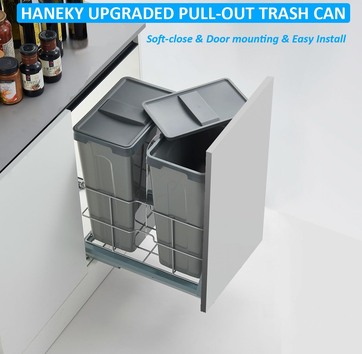 HANKEY Pull Out Trash Can Under Cabinet, Double Cabinet Trash Can Pull Out Kit, Trash Can Cabinet Pull Out Garbage Can for Kitchen Cabinet Soft Close with Lid,13.19inch Width,Total 47Qt